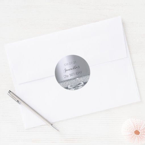 21st birthday party silver sparkle bow metallic classic round sticker ...