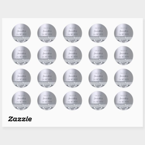 21st birthday party silver sparkle bow metallic classic round sticker ...