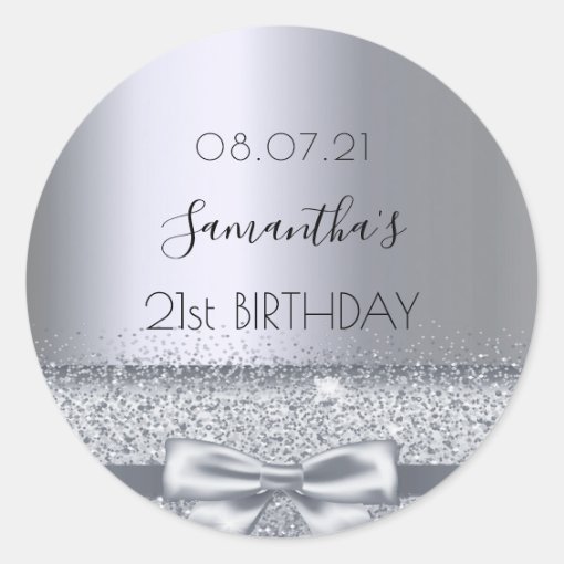 21st birthday party silver sparkle bow metallic classic round sticker ...