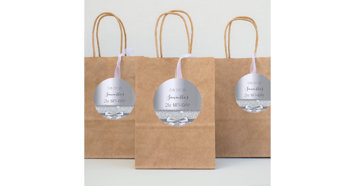 21st birthday party silver sparkle bow metallic classic round sticker ...