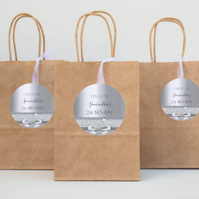 21st birthday party silver sparkle bow metallic classic round sticker ...