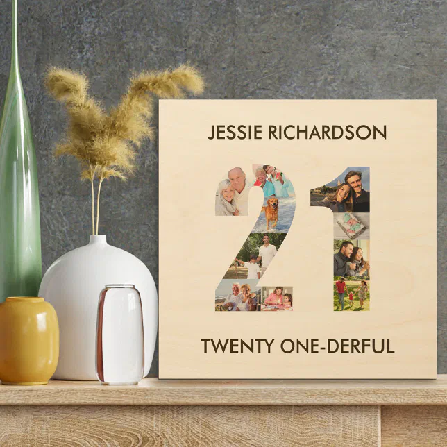 21st Birthday Photo Collage Number 21 Custom Wood Wall Art | Zazzle