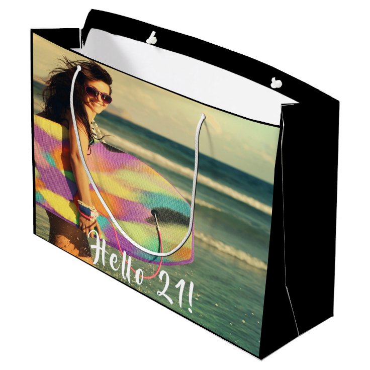 21st birthday photo hello 21 twentyfirst large gift bag | Zazzle