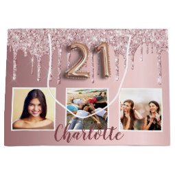 21st birthday pink glitter drips photo monogram large gift bag | Zazzle
