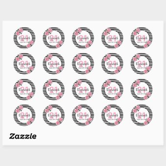 21st birthday pink roses on black white stripes classic round sticker ...