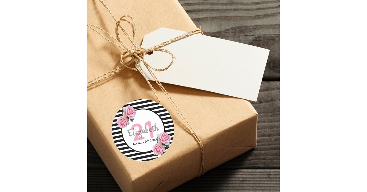 21st birthday pink roses on black white stripes classic round sticker ...