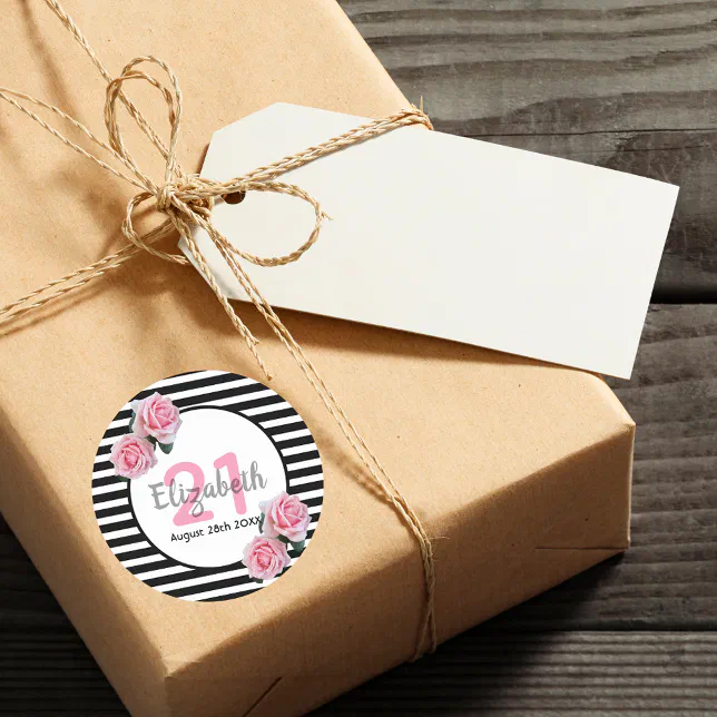 21st birthday pink roses on black white stripes classic round sticker ...