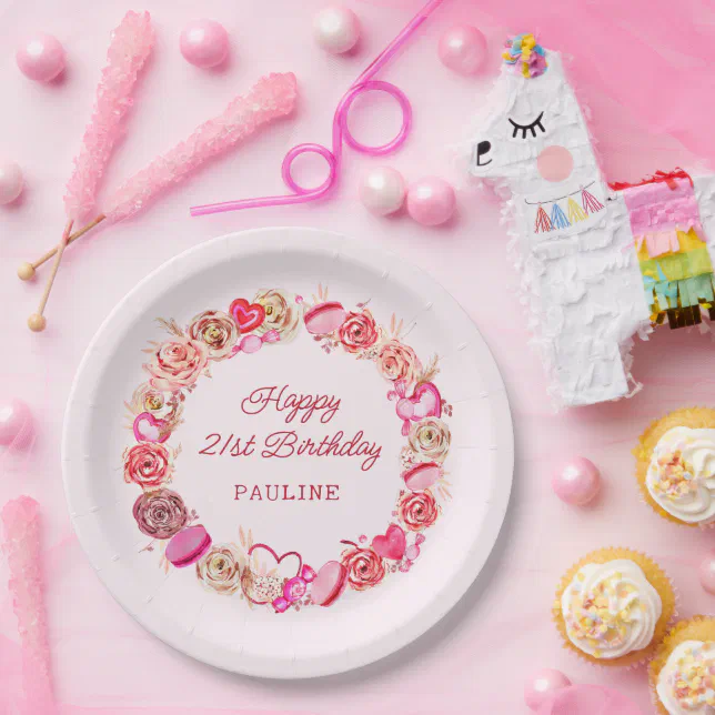 21st Birthday Pink Roses Swirly Heart Paper Plates | Zazzle