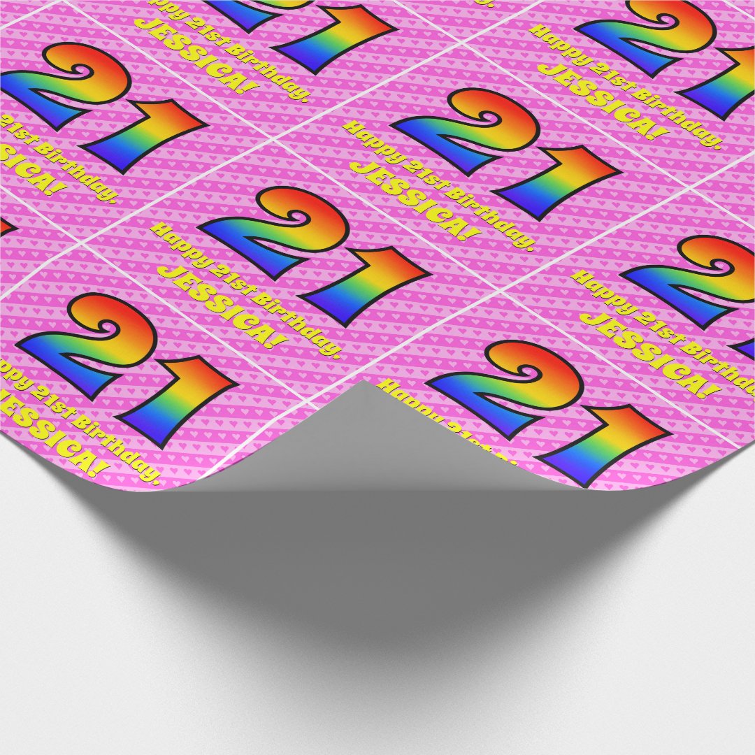 21st Birthday: Pink Stripes & Hearts, Rainbow # 21 Wrapping Paper | Zazzle