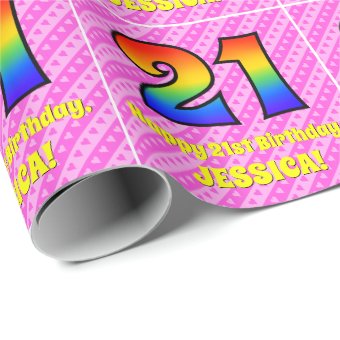 21st Birthday: Pink Stripes & Hearts, Rainbow # 21 Wrapping Paper | Zazzle