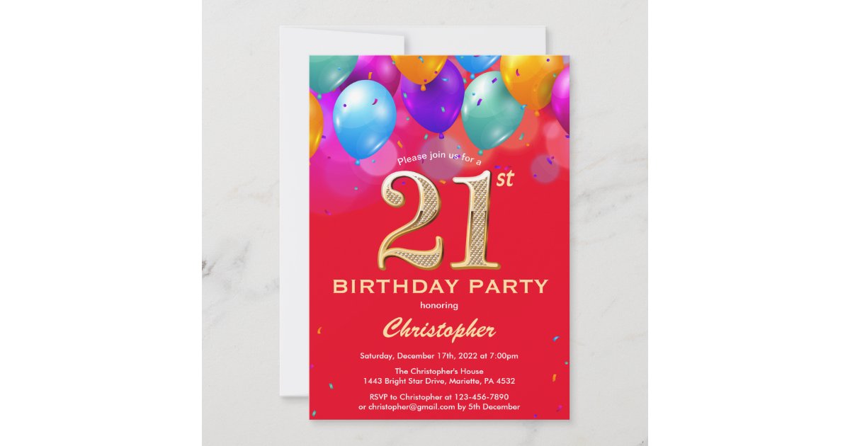 21st Birthday Red and Gold Colorful Balloons Invitation | Zazzle