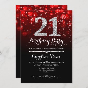 21st Birthday - Red Black Silver Invitation | Zazzle