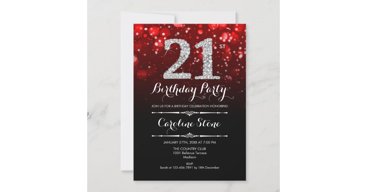 21st Birthday - Red Black Silver Invitation | Zazzle