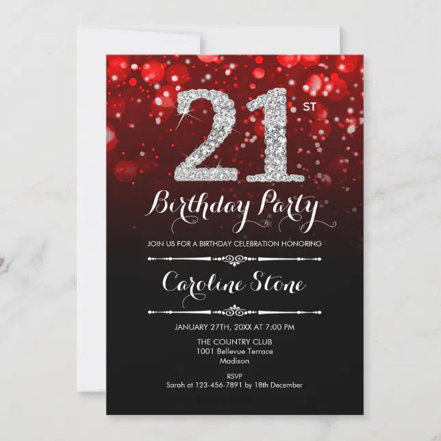 21st Birthday - Red Black Silver Invitation | Zazzle