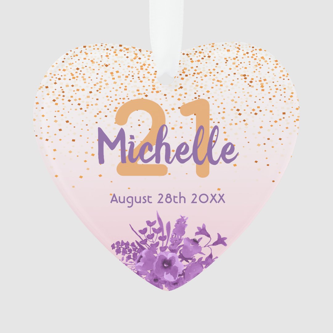 21st birthday rose gold confetti purple flowers ornament | Zazzle