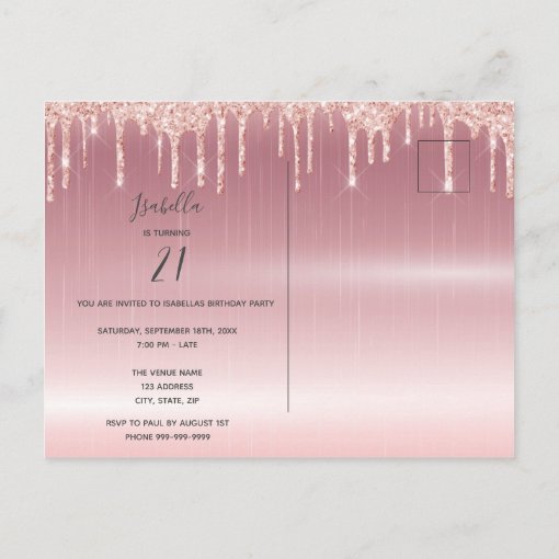 21st Birthday Rose Gold Glitter Drip Invitation Postcard Zazzle