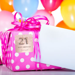 21st birthday rose gold glitter pink balloon style square sticker | Zazzle