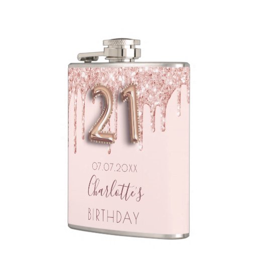 21st birthday rose gold glitter pink glam monogram flask | Zazzle