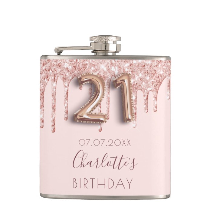 21st birthday rose gold glitter pink glam monogram flask | Zazzle.com