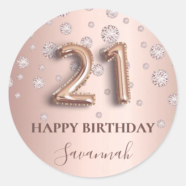21st birthday rose gold pink diamonds balloon font classic round ...