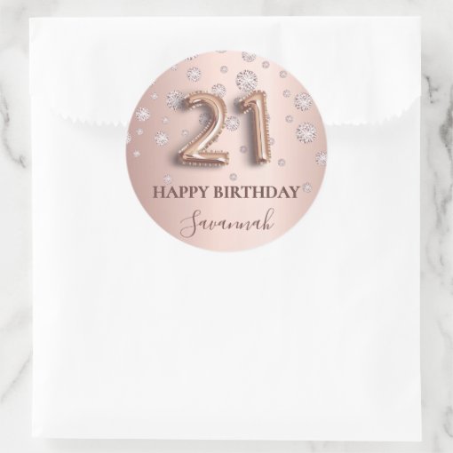 21st birthday rose gold pink diamonds balloon font classic round ...