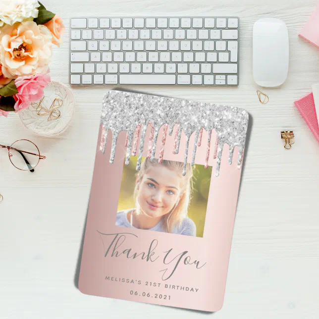 21st birthday rose gold pink silver glitter photo thank you card | Zazzle