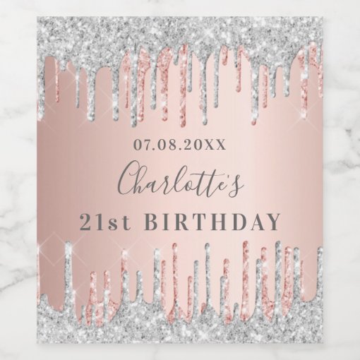 21st birthday rose gold silver glitter monogram wine label | Zazzle