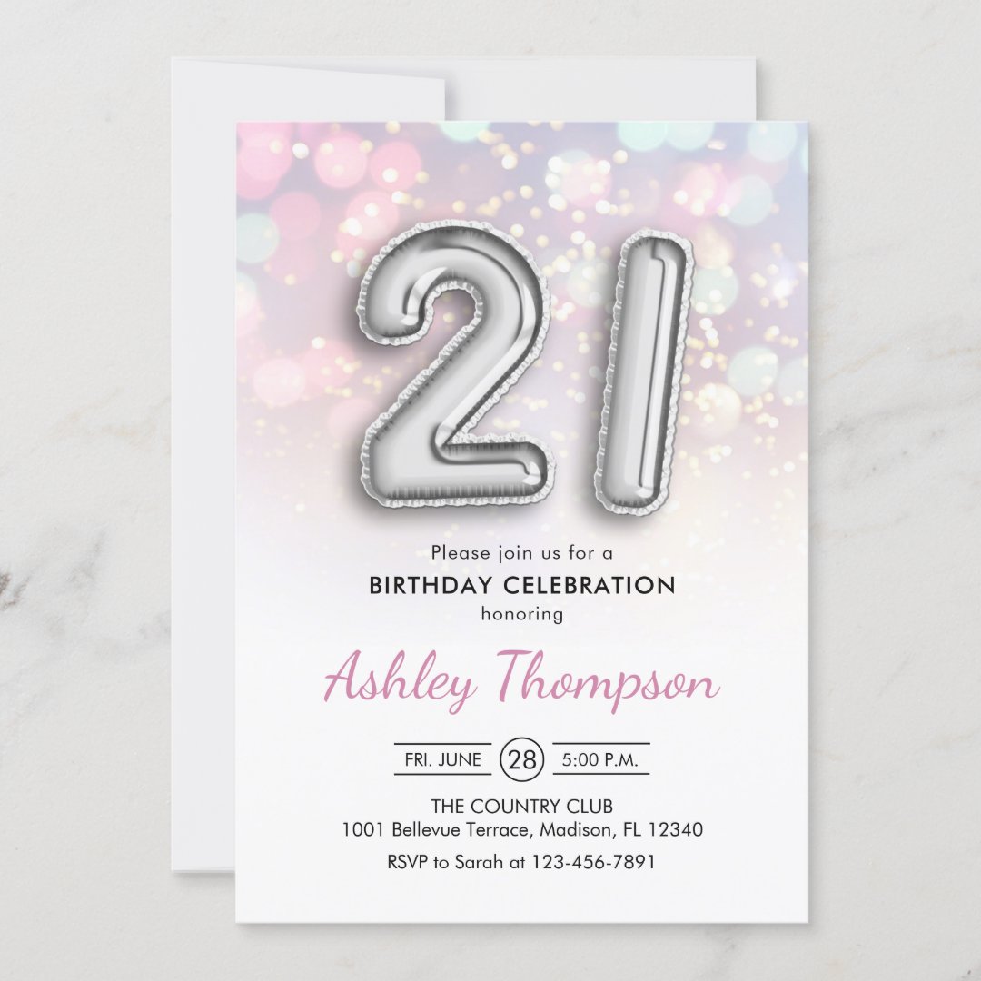 21st Birthday - Silver Balloons Pink Lights Invitation | Zazzle
