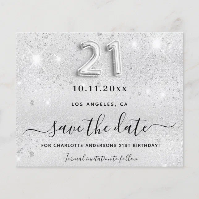 21st birthday silver glitter budget save the date flyer | Zazzle
