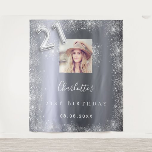 21st birthday silver photo glitter welcome tapestry | Zazzle