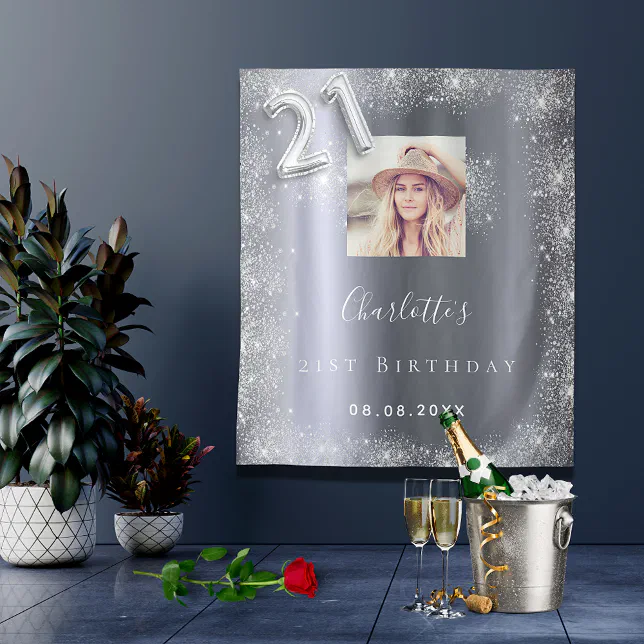 21st birthday silver photo glitter welcome tapestry | Zazzle