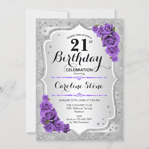 21st Birthday - Silver Stripes Purple Roses Invitation | Zazzle