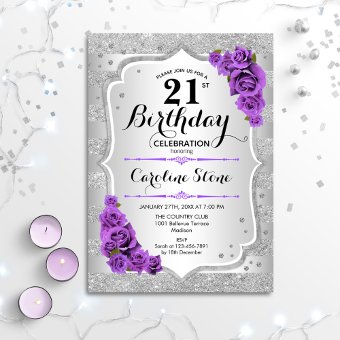 21st Birthday - Silver Stripes Purple Roses Invitation | Zazzle