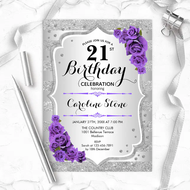 21st Birthday - Silver Stripes Purple Roses Invitation | Zazzle