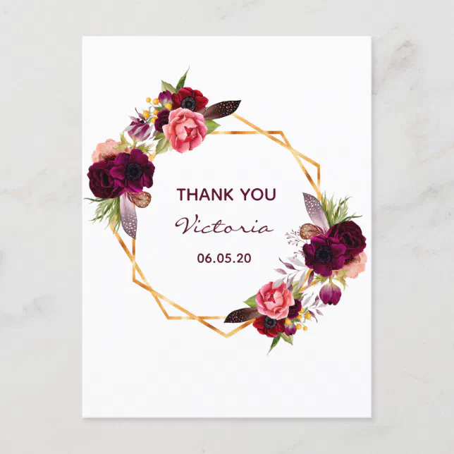 21st birthday Thank You burgundy floral white Postcard | Zazzle