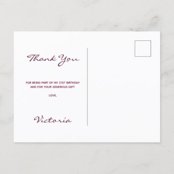 21st birthday Thank You burgundy floral white Postcard | Zazzle