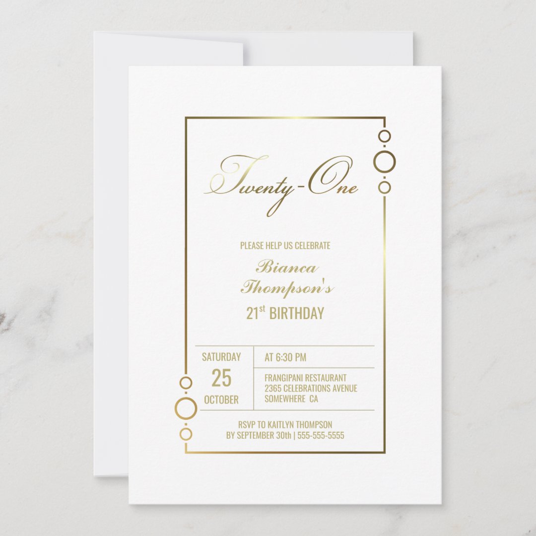21st Birthday White with Gold Frame Party Invitation | Zazzle