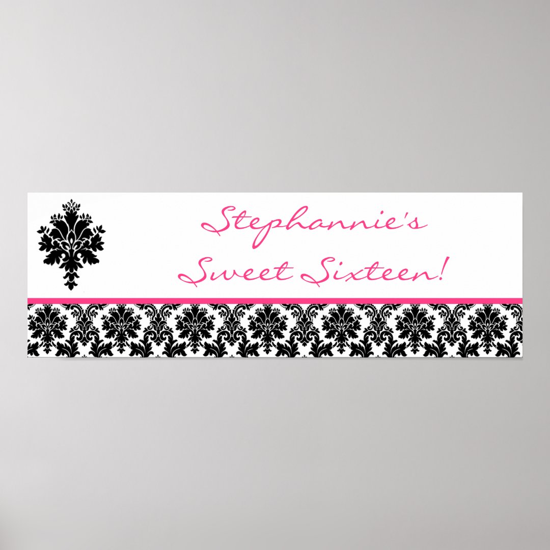22.5"x7.5" Personalized Banner Hot Pink Damask Poster | Zazzle