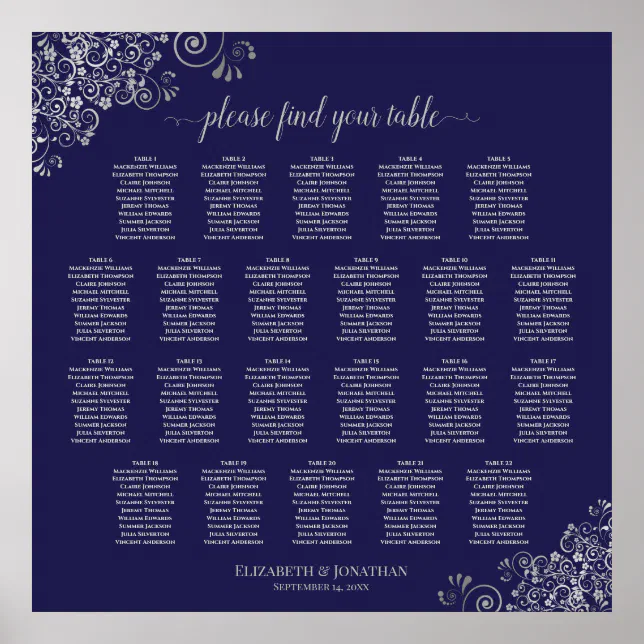 22 Table Lacy Silver on Navy Wedding Seating Chart | Zazzle