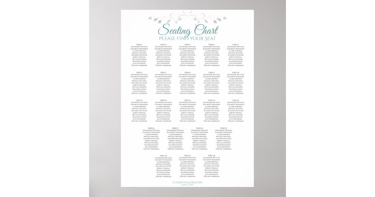 22 Table Simple Teal & White Wedding Seating Chart | Zazzle