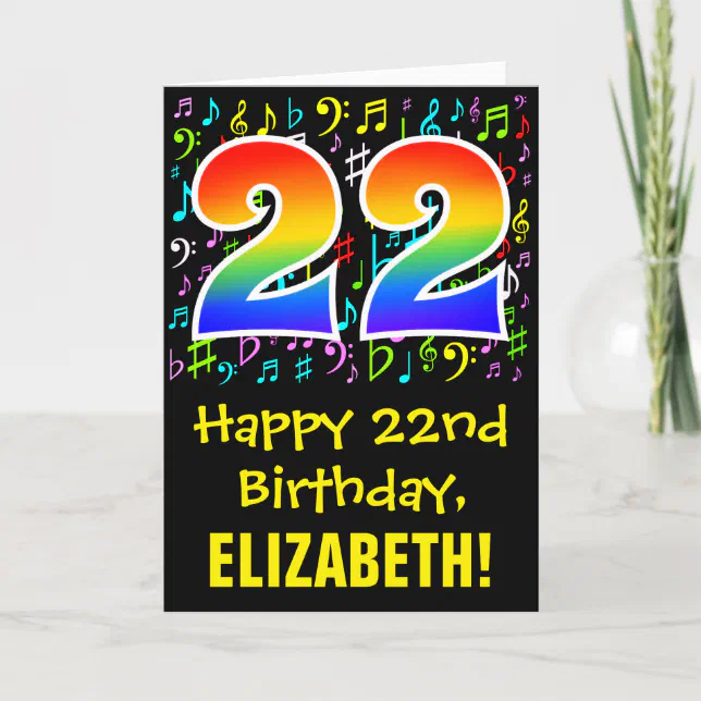 22nd Birthday: Colorful Music Symbols + Rainbow 22 Card | Zazzle