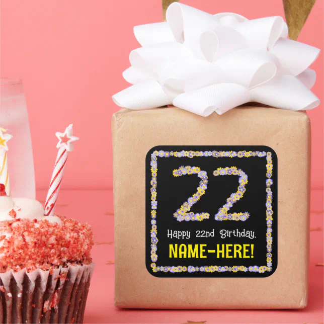 22nd Birthday: Floral Flowers Number, Custom Name Square Sticker | Zazzle