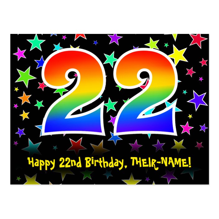 22nd Birthday: Fun Stars Pattern, Rainbow 22, Name Postcard | Zazzle.com