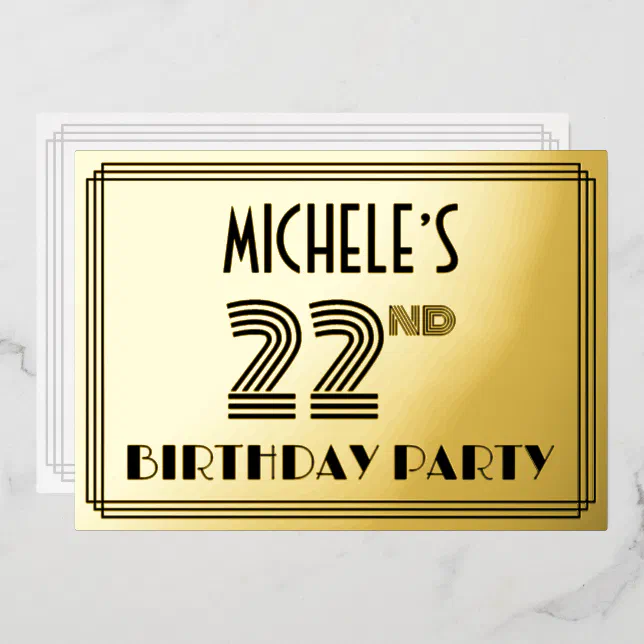 22nd Birthday Party — Art Deco Style “22” & Name Foil Invitation | Zazzle