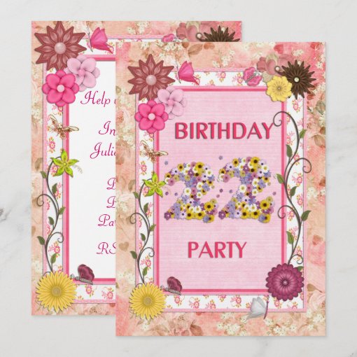 22nd birthday party invitation with floral frame | Zazzle