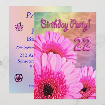 22nd Birthday party invitation with pink flowers | Zazzle