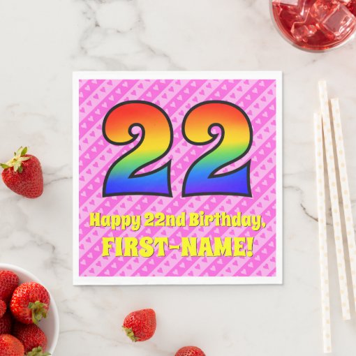 22nd Birthday: Pink Stripes & Hearts, Rainbow # 22 Napkins | Zazzle