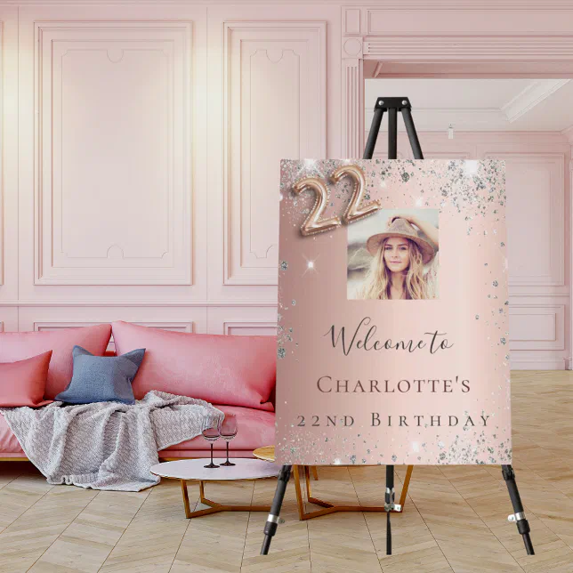 22nd birthday rose gold photo silver glitter foam board | Zazzle