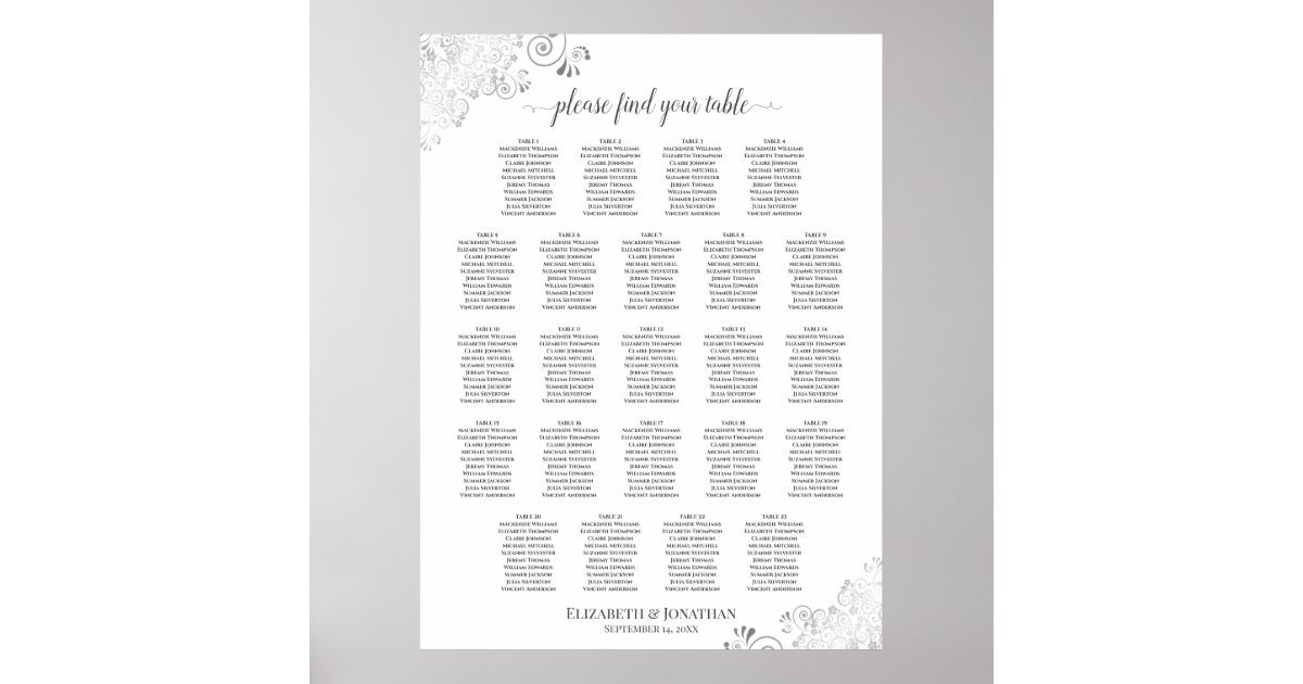 23 Table Lacy Silver Frills Wedding Seating Chart | Zazzle