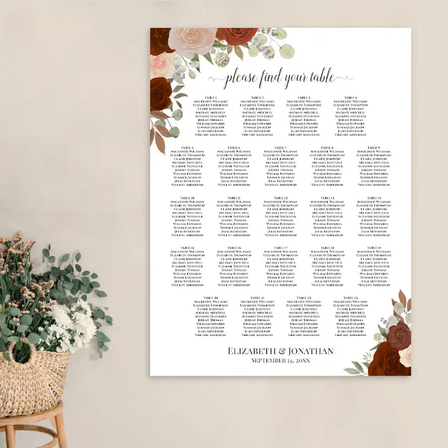 23 Table Rustic Autumn Roses Wedding Seating Chart | Zazzle
